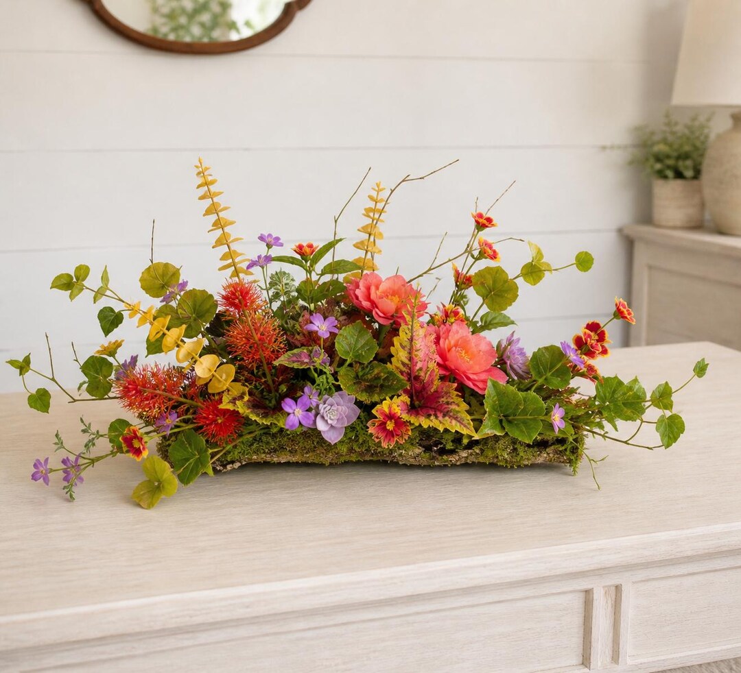 Moss Bark Log Floral Arrangement, Woodland Centerpiece, Spring Summer ...