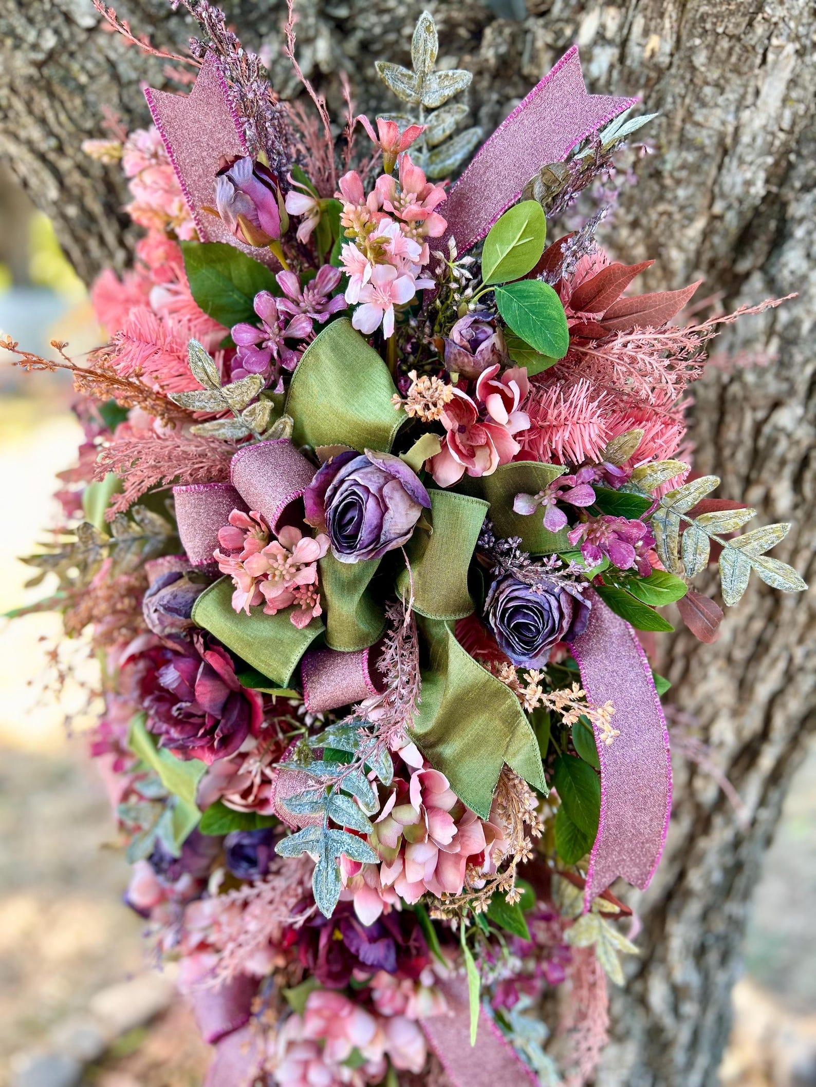 Fall Pink and Deep Purple Swag for Front Door, Hydrangea Autumn Swag ...