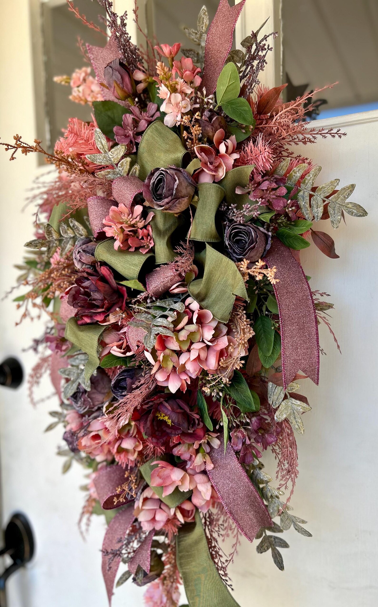 Fall Pink and Deep Purple Swag for Front Door, Hydrangea Autumn Swag ...