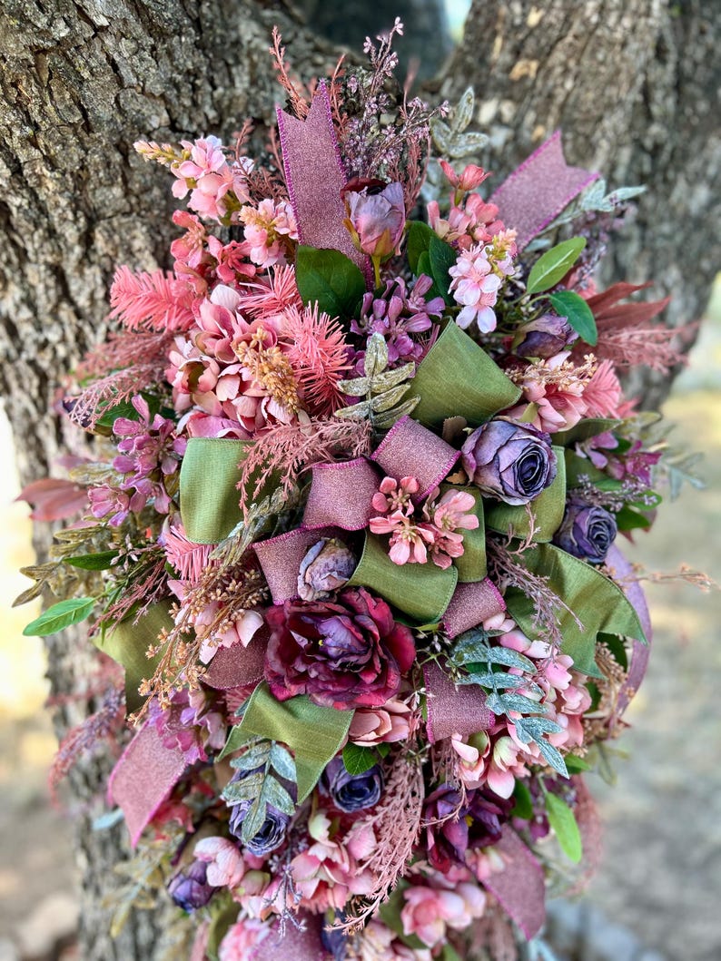 Fall Pink and Deep Purple Swag for Front Door, Hydrangea Autumn Swag ...