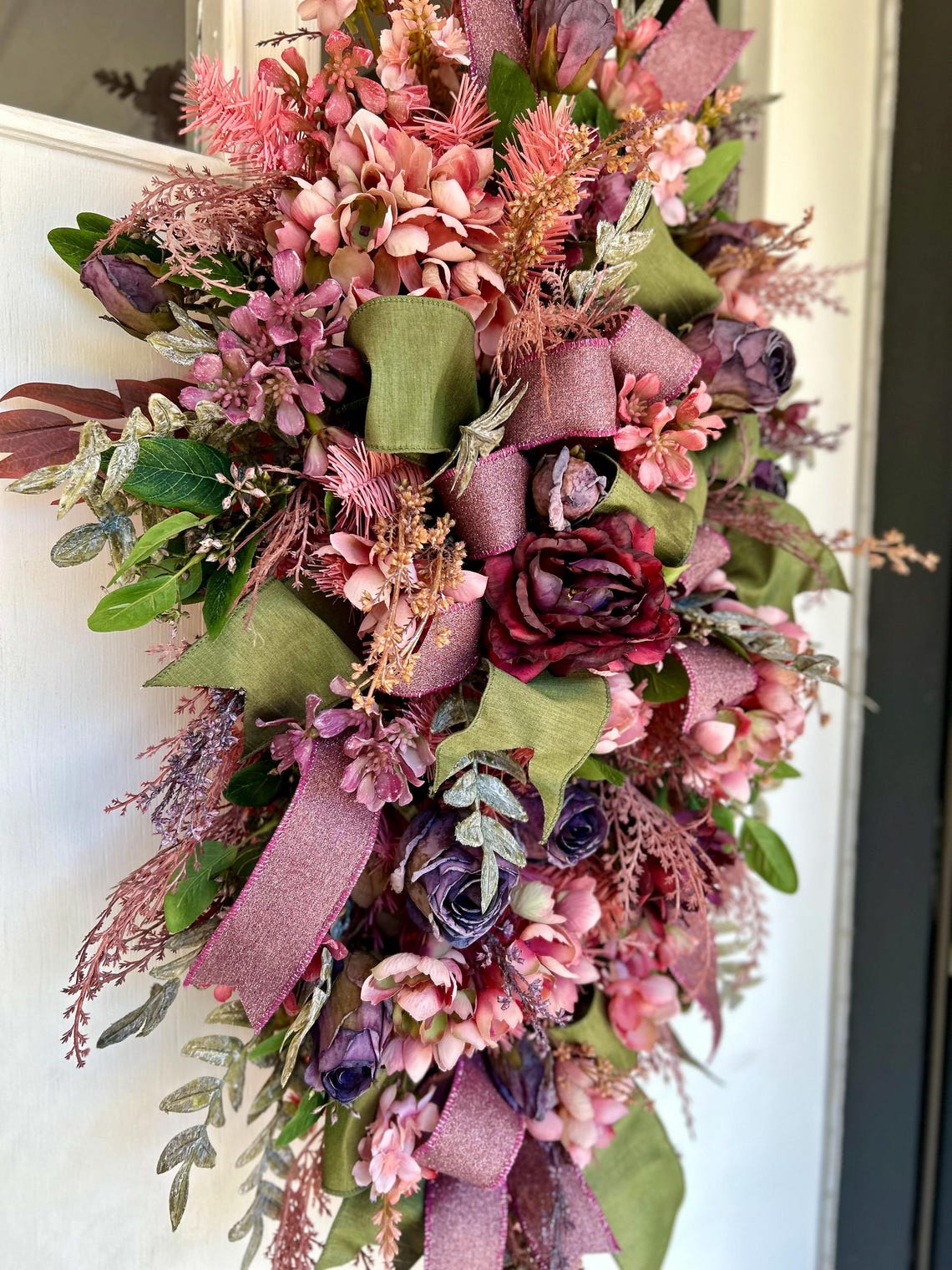 Fall Pink and Deep Purple Swag for Front Door, Hydrangea Autumn Swag ...