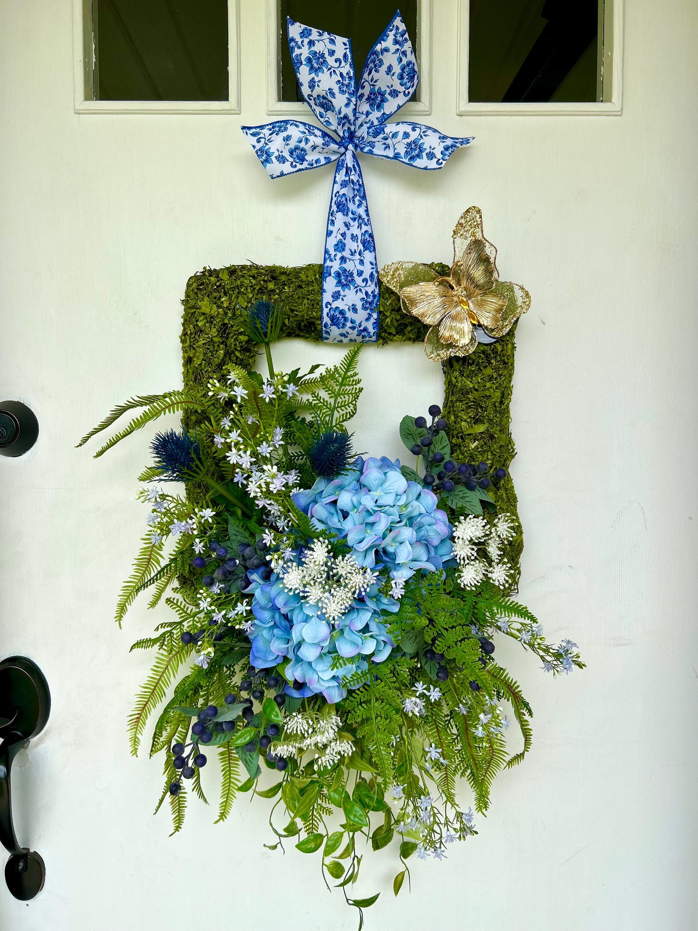 Blue Hydrangea Moss Wreath | Square Cottagecore Front Door Decor | Moss ...