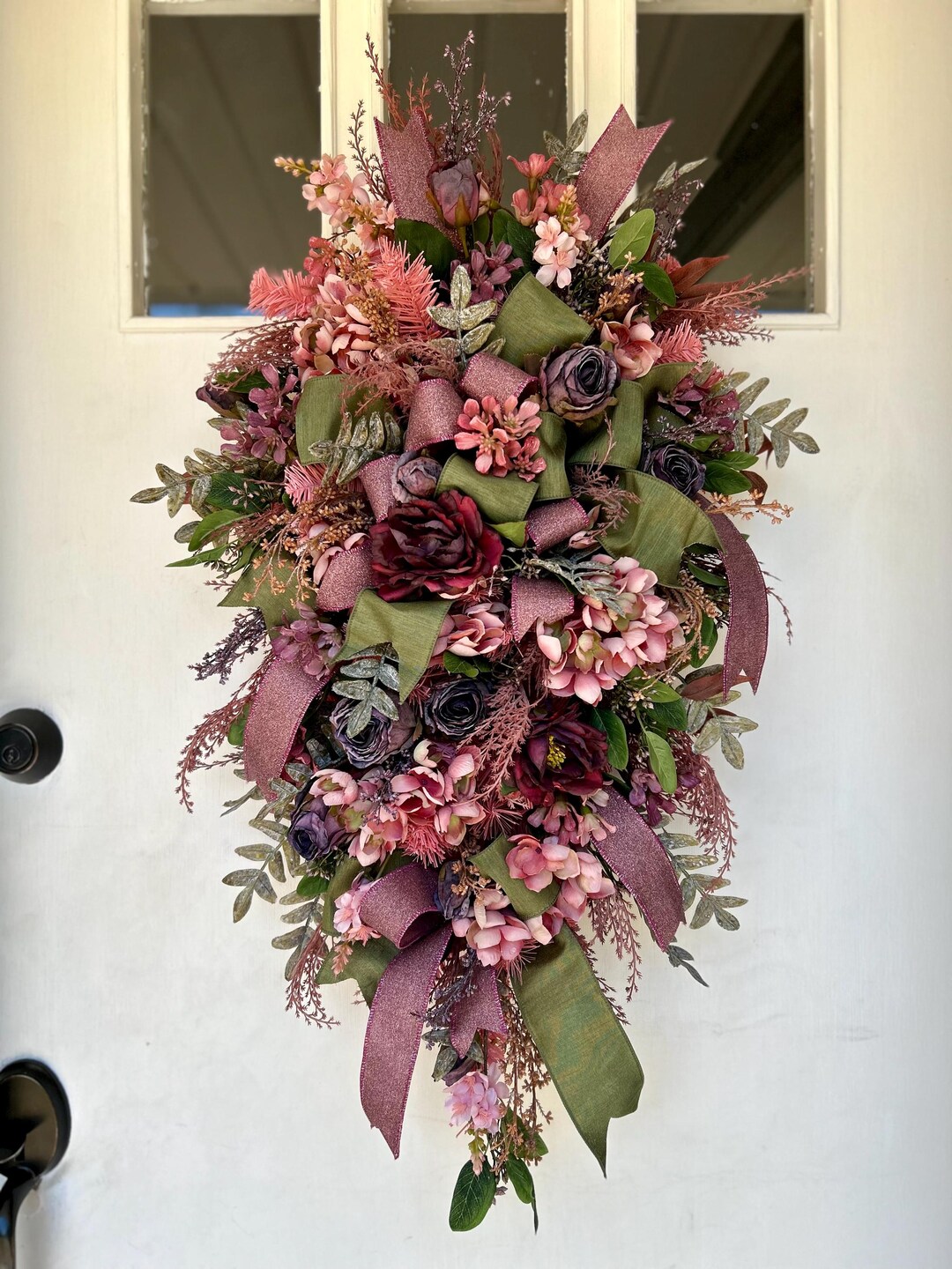 Fall Pink and Deep Purple Swag for Front Door, Hydrangea Autumn Swag ...