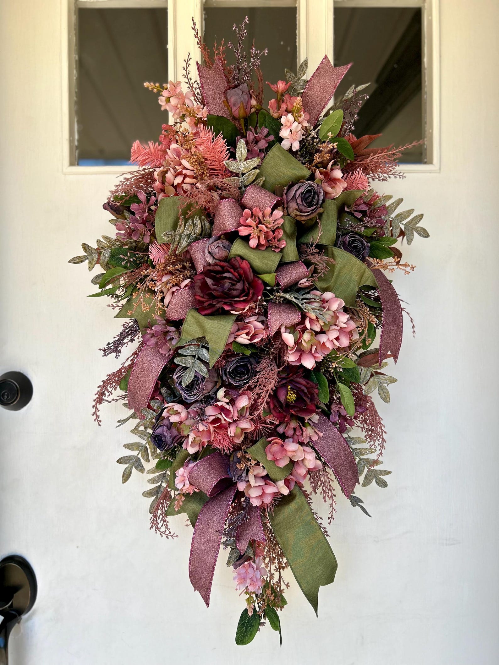 Fall Pink and Deep Purple Swag for Front Door, Hydrangea Autumn Swag ...