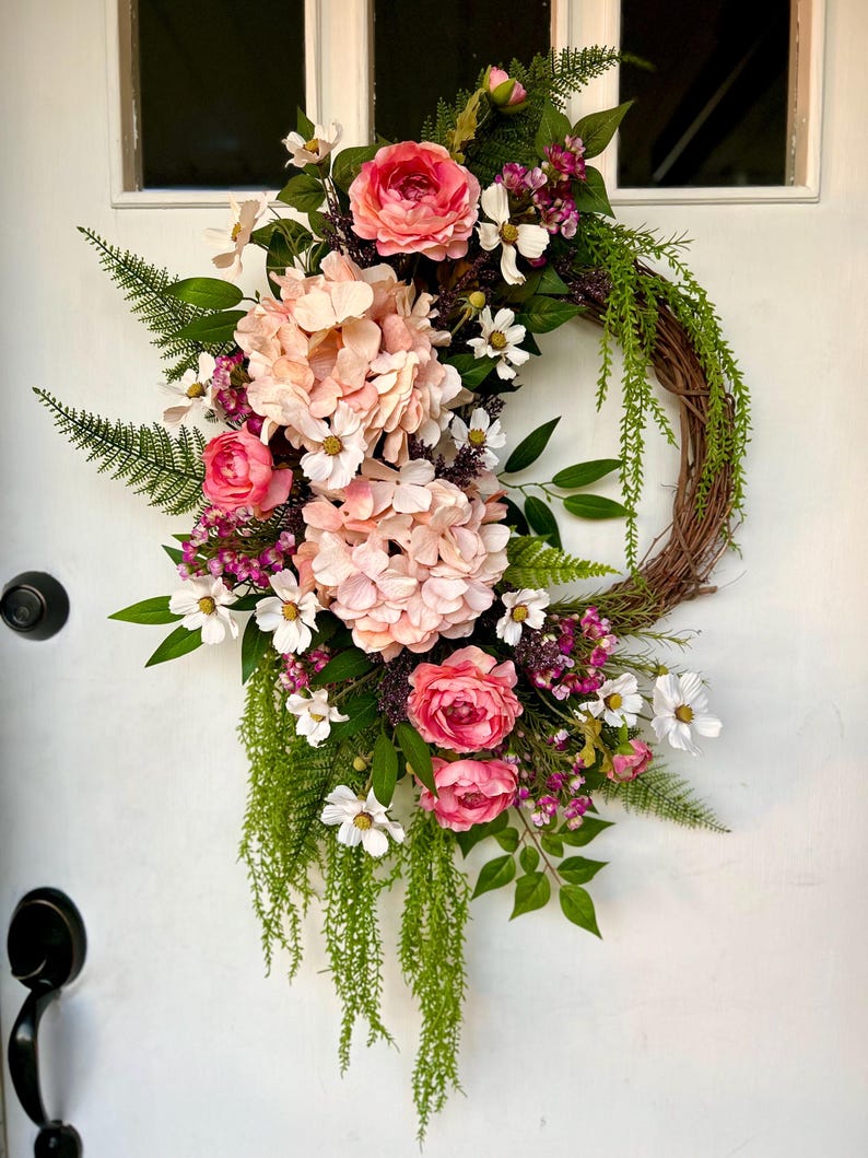 Pink Hydrangea Peony Wreath for Front Door, Summer Garden Front Door ...