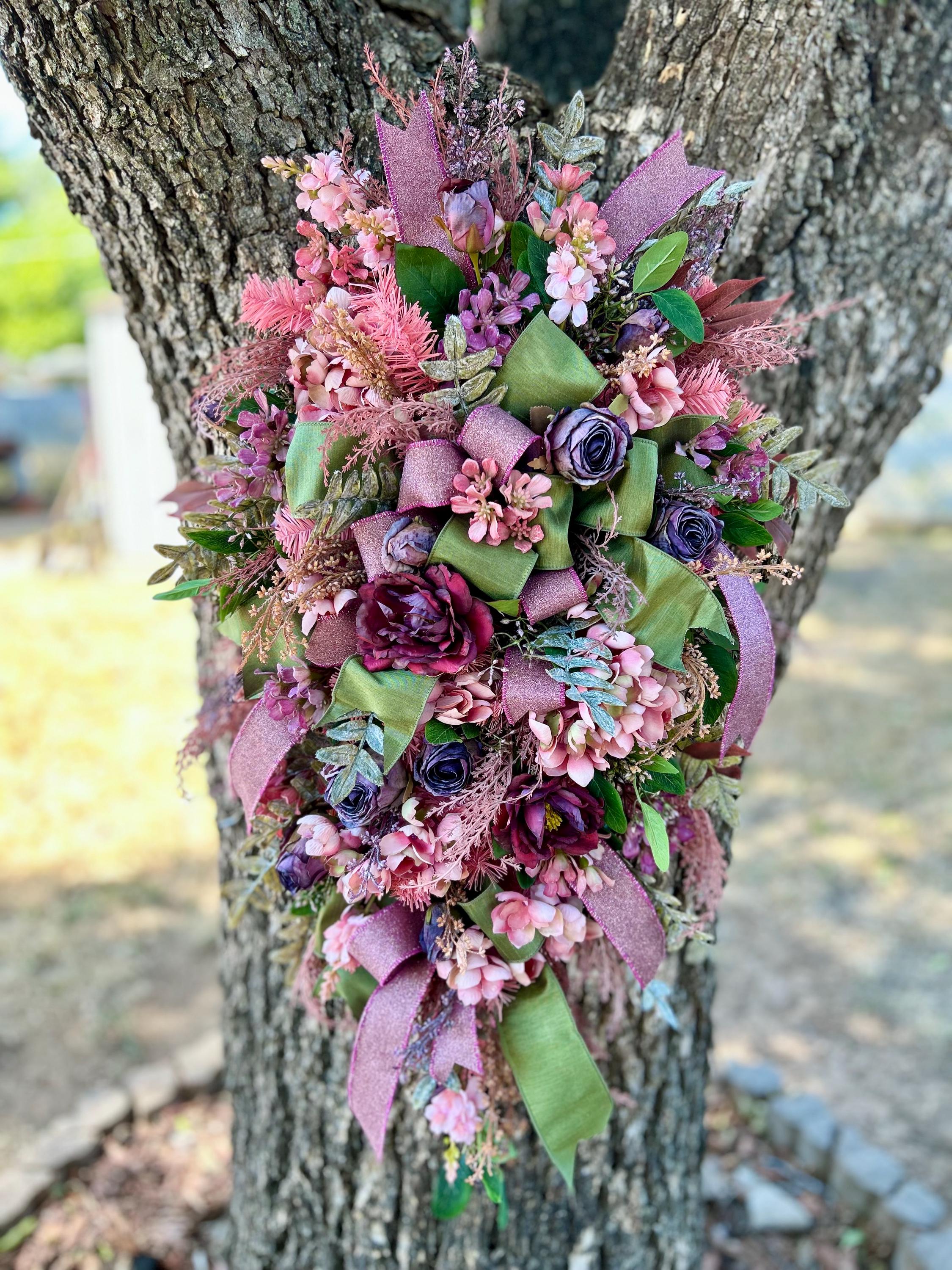 Fall Pink and Deep Purple Swag for Front Door, Hydrangea Autumn Swag ...