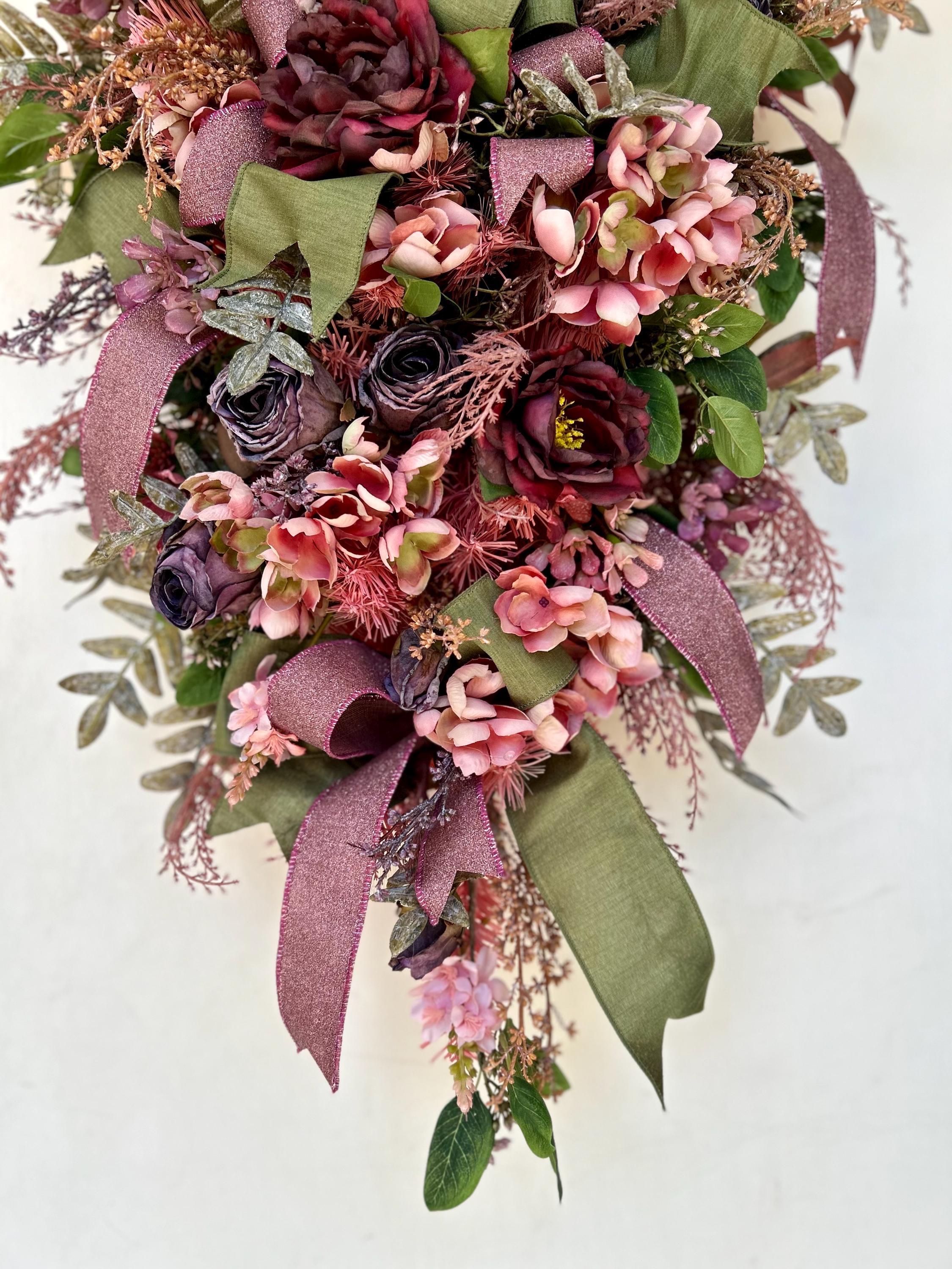 Fall Pink and Deep Purple Swag for Front Door, Hydrangea Autumn Swag ...