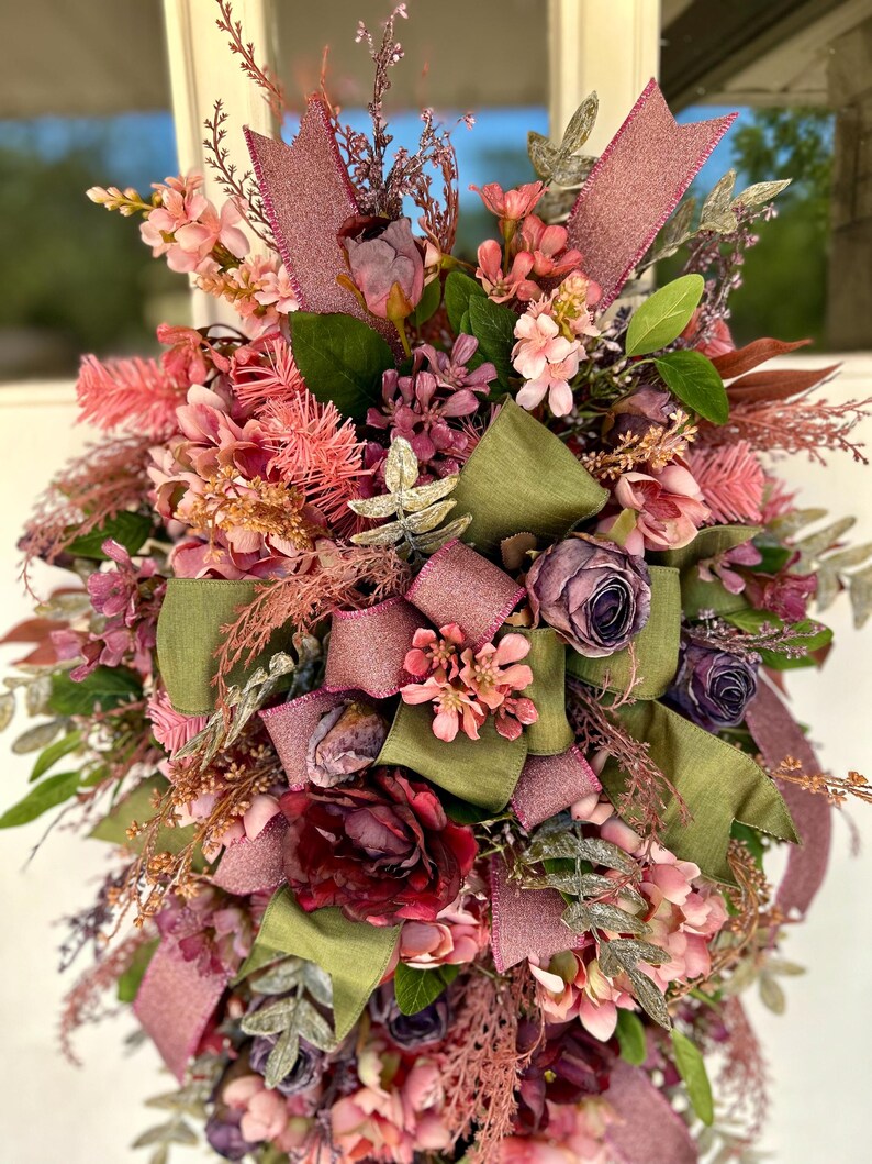 Fall Pink and Deep Purple Swag for Front Door, Hydrangea Autumn Swag ...