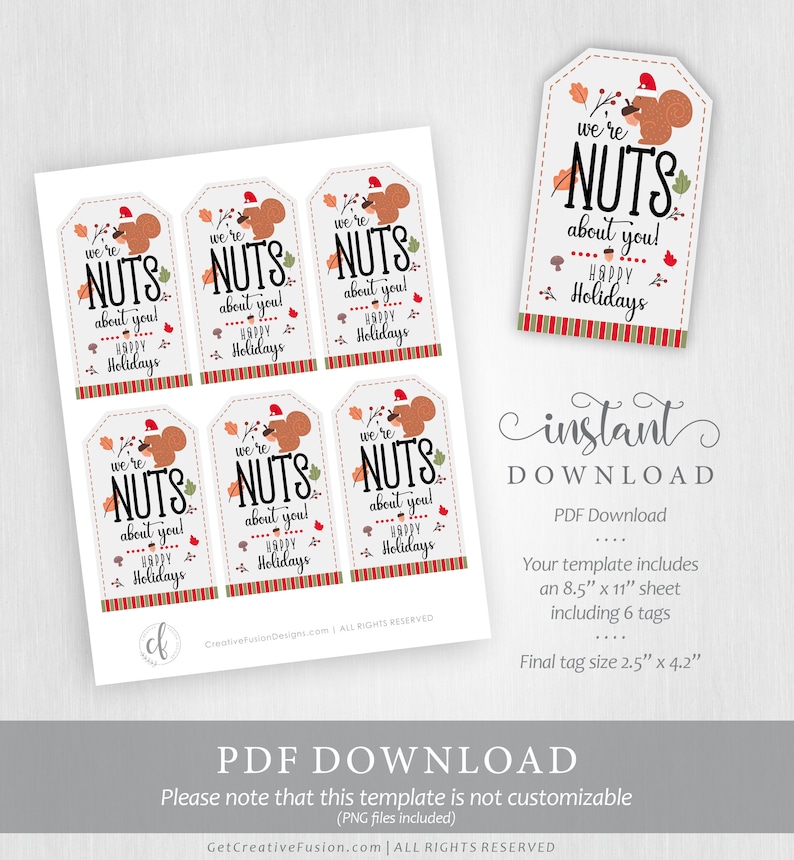 Nuts About You Gift Tag Printable | Holiday Treat Label (digital ...