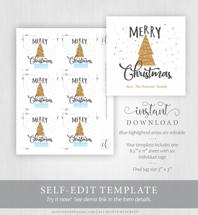 Gold Christmas Gift Tag Merry Christmas Tag Gold Tree Gift - Etsy
