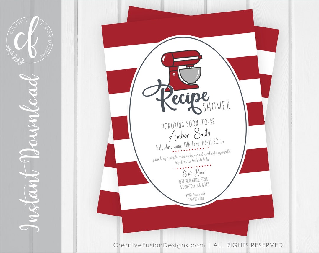 Recipe Bridal Shower Invitation -"colorful Kitchen"| Instant Edit ...