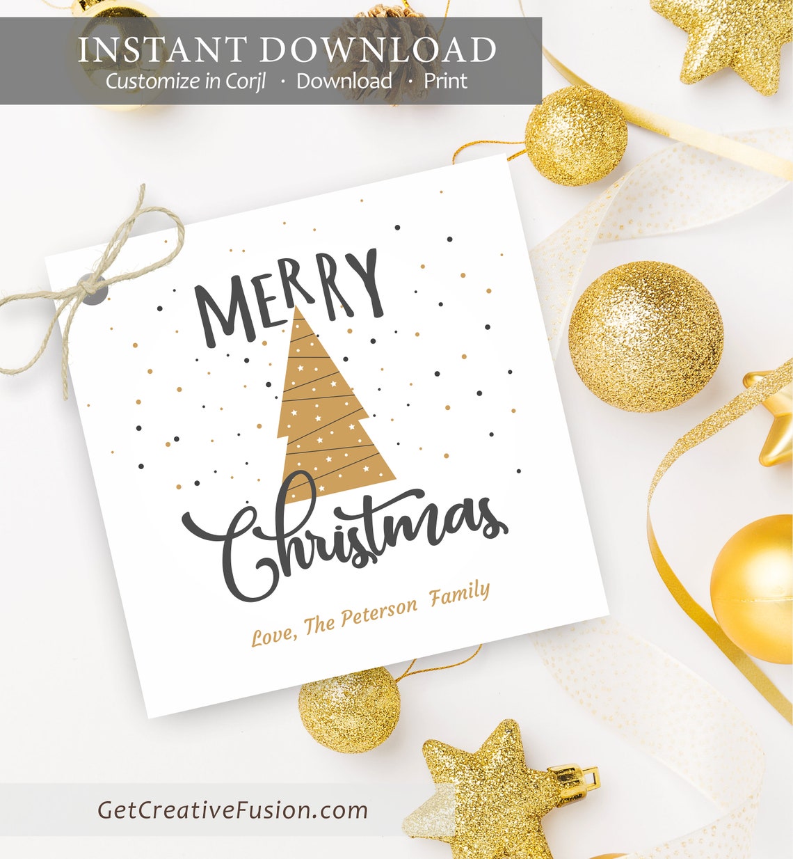 Gold Christmas Gift Tag Merry Christmas Tag Gold Tree Gift - Etsy