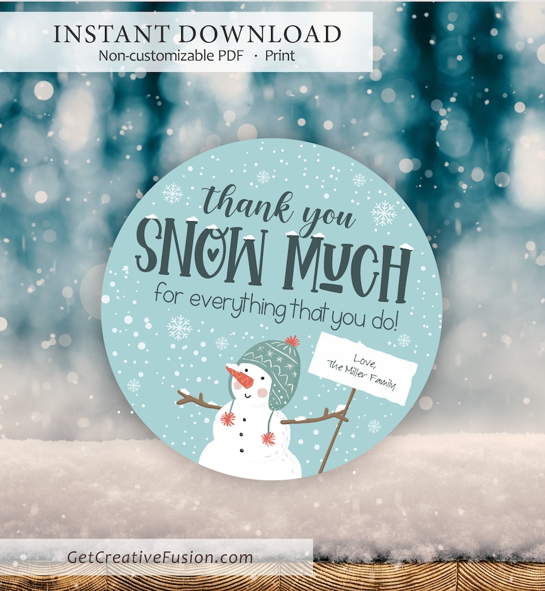 Snowman Thank You Tag Winter Thank You Printable Christmas - Etsy