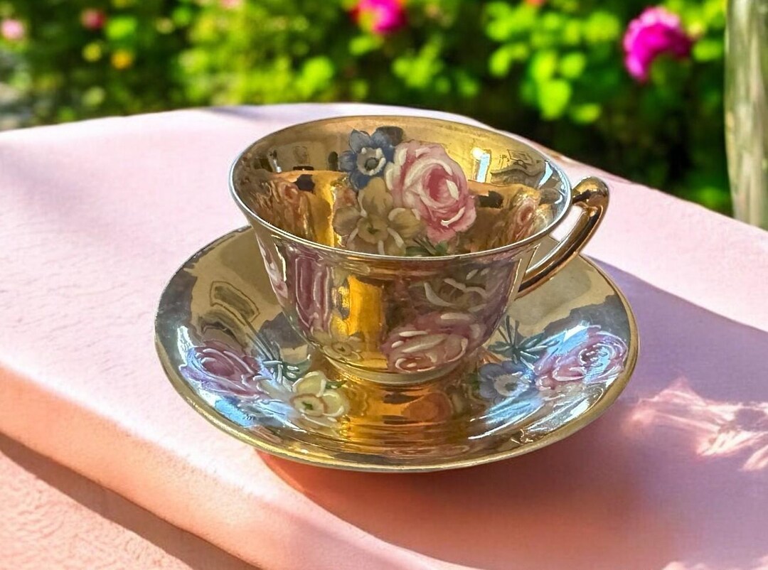 Vintage AJCO Limoges France 24K Gold Teacup and Saucer Set Hand Painted ...