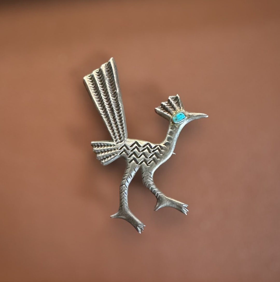 Native American Vintage Silver Roadrunner With Turquoise Eye - Etsy