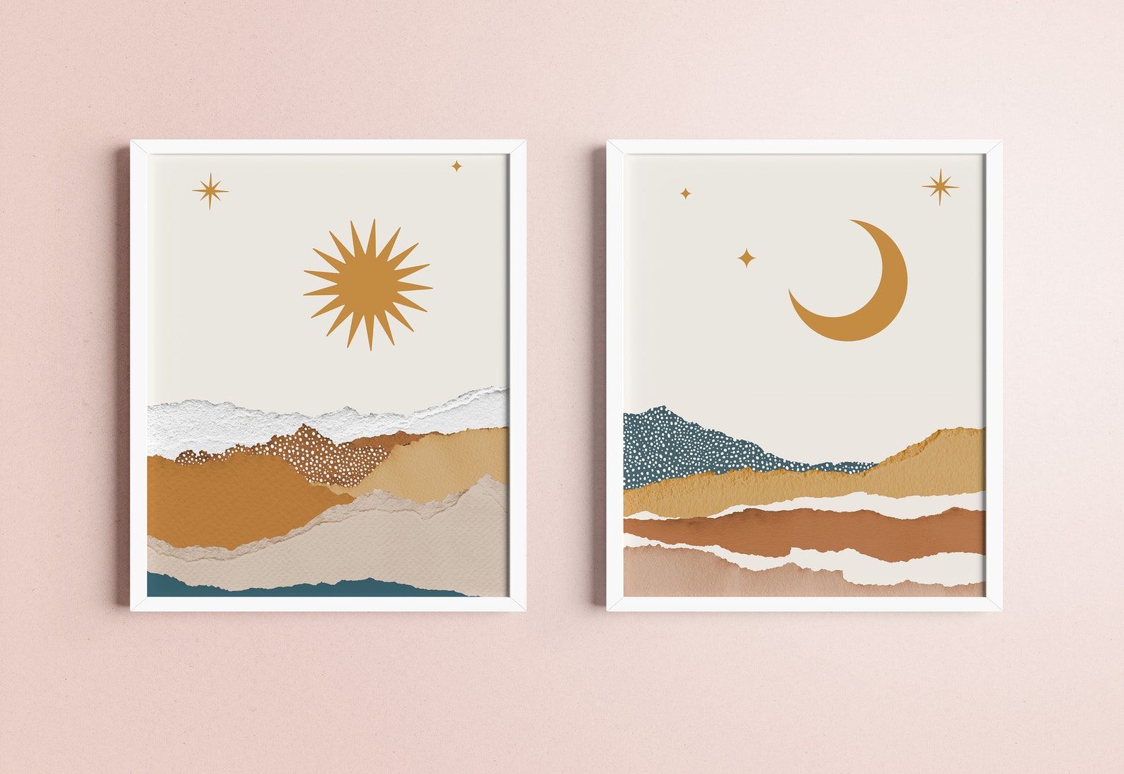 Sun and Moon Boho Torn Paper Set of 2home Decor Modern - Etsy