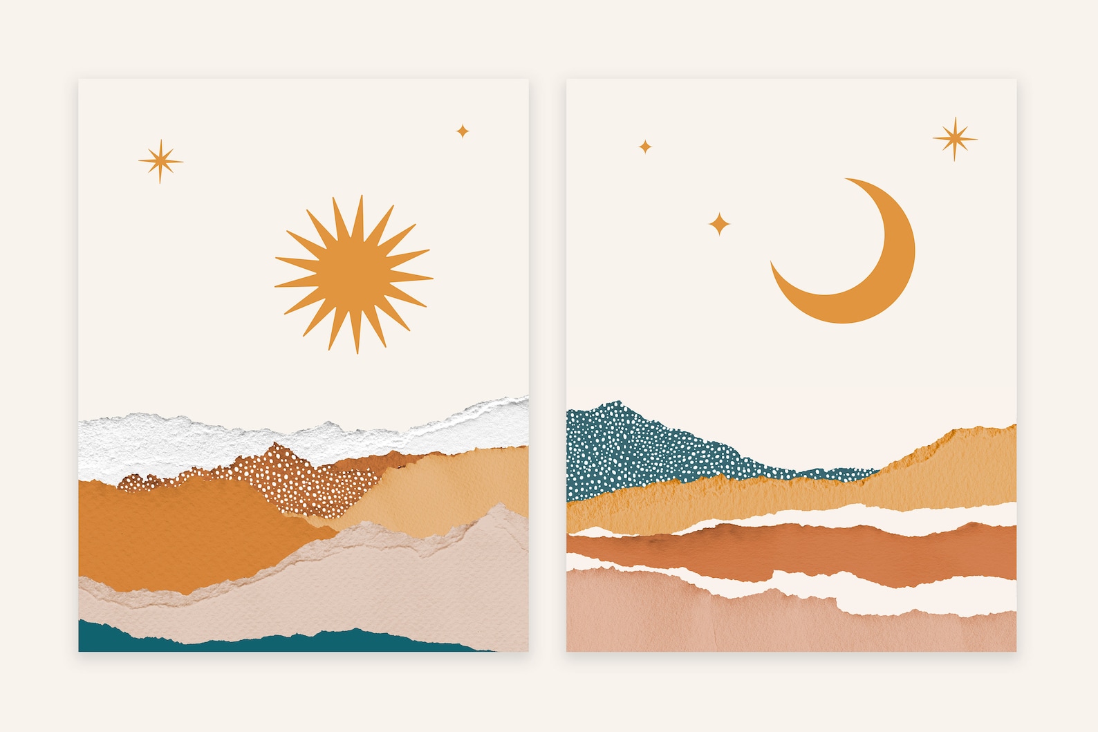 Sun and Moon Boho Torn Paper Set of 2home Decor Modern - Etsy