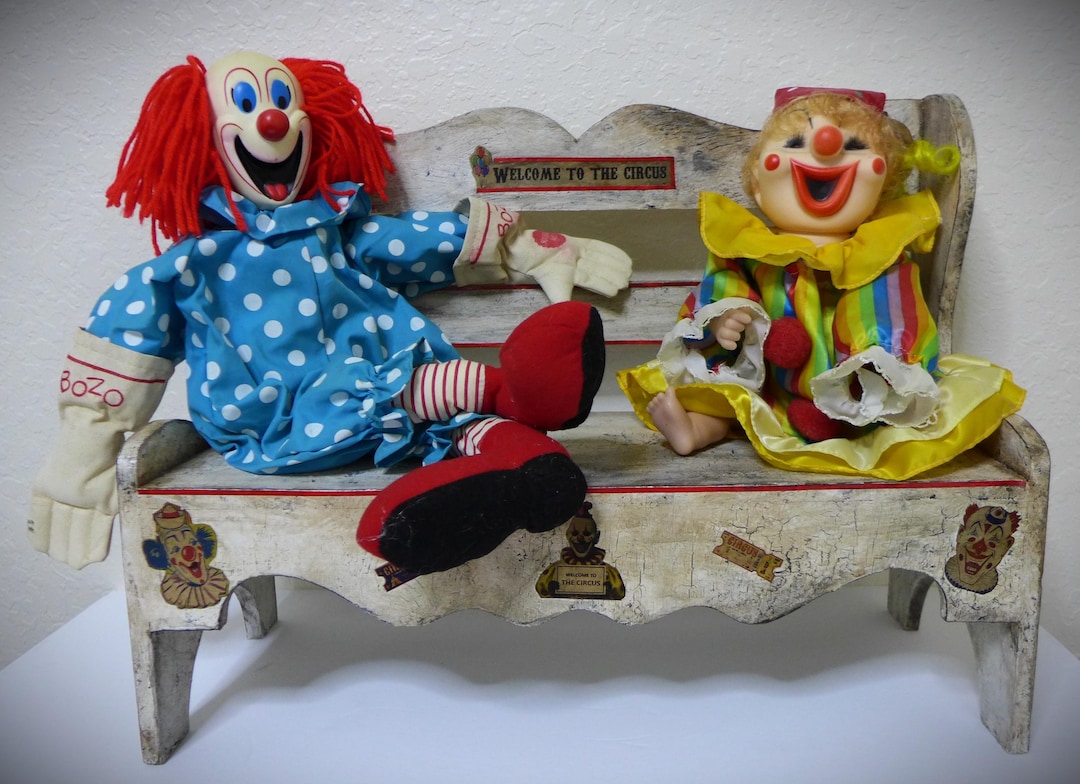 SALE! Creepy Clown Doll Bench, Plant Stand, Vintage Decor, Rustic, Worn ...