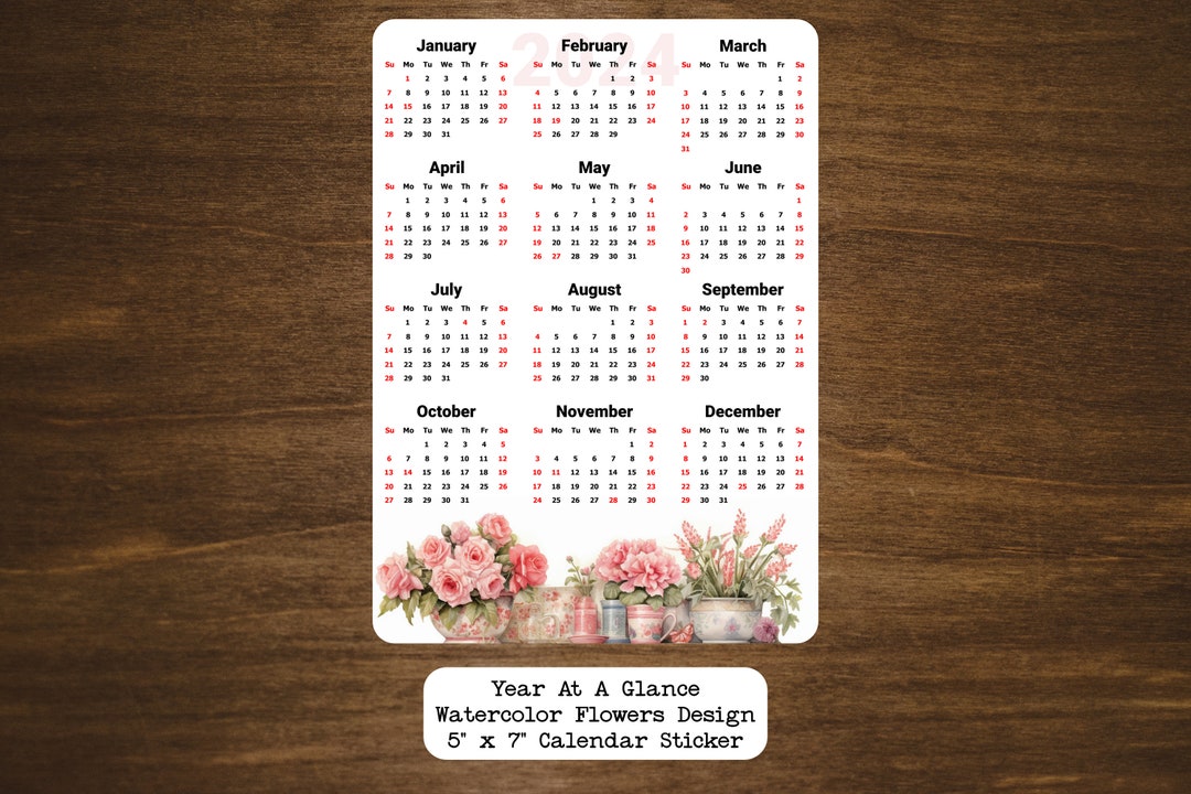 Year at A Glance Calendar Sticker With Watercolor Flowers Design 2024 ...