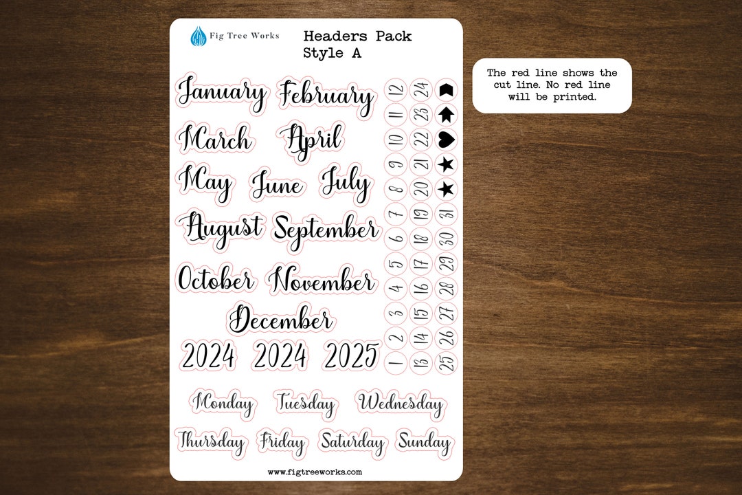 Headers Pack Planner Stickers | Month Names, Years, Day Names, and Day ...