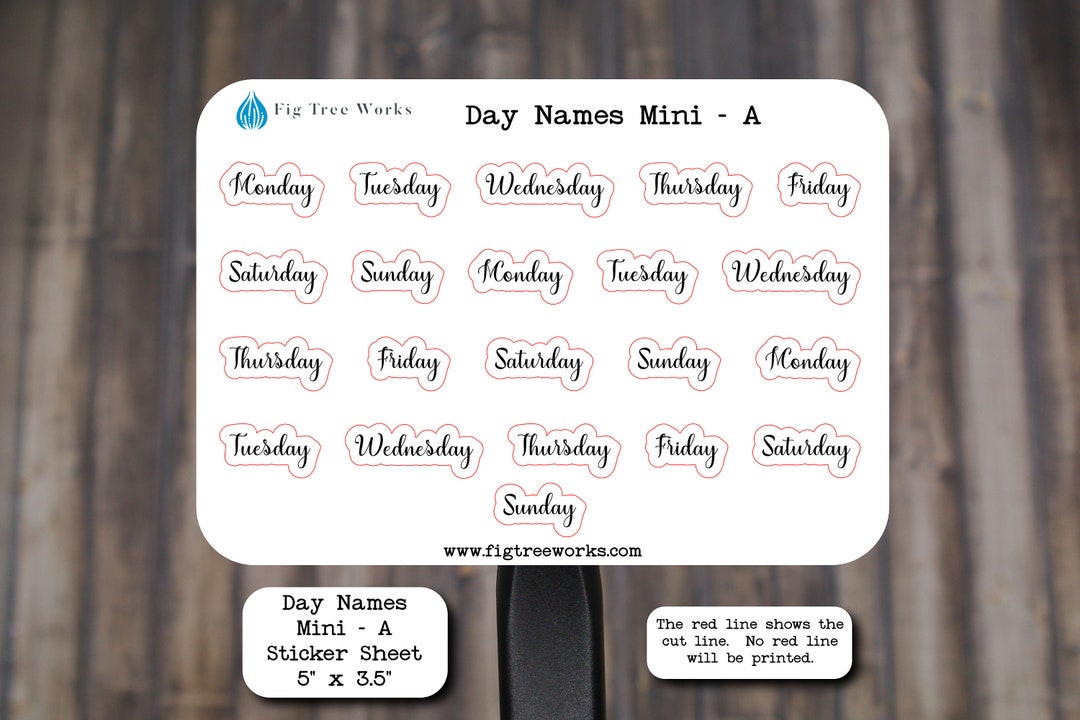 Day Names Mini Sticker Sheet Weekday Name Sticker, Kiss Cut, Matte ...