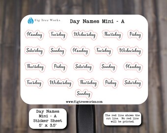 Day Names Abbreviated Mini Sticker Sheet Weekday Name Sticker, Kiss Cut ...