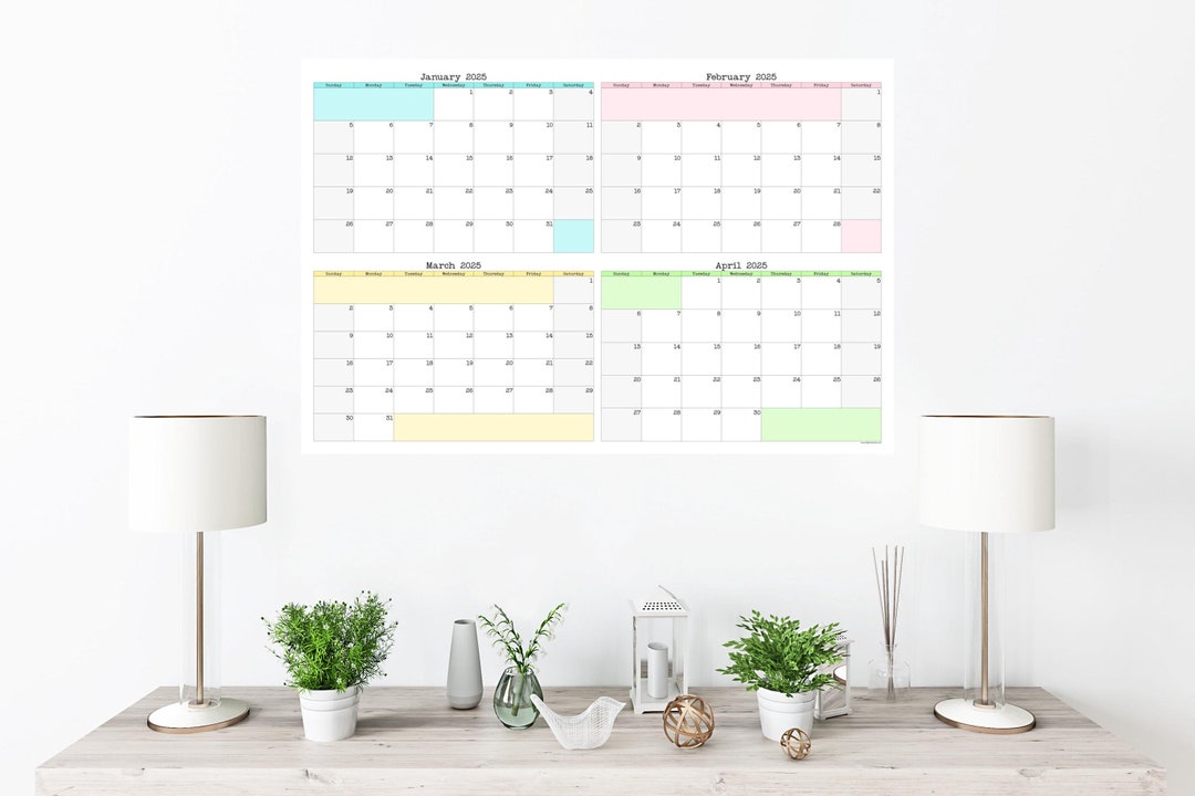 Large 4-month Wall Calendar Starting on Any Month | 36" X 24" or 24" X ...