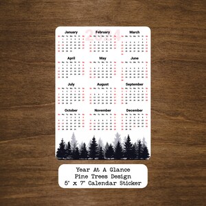 Year at A Glance Calendar Sticker With Pine Trees Design 2024, 2025, or ...
