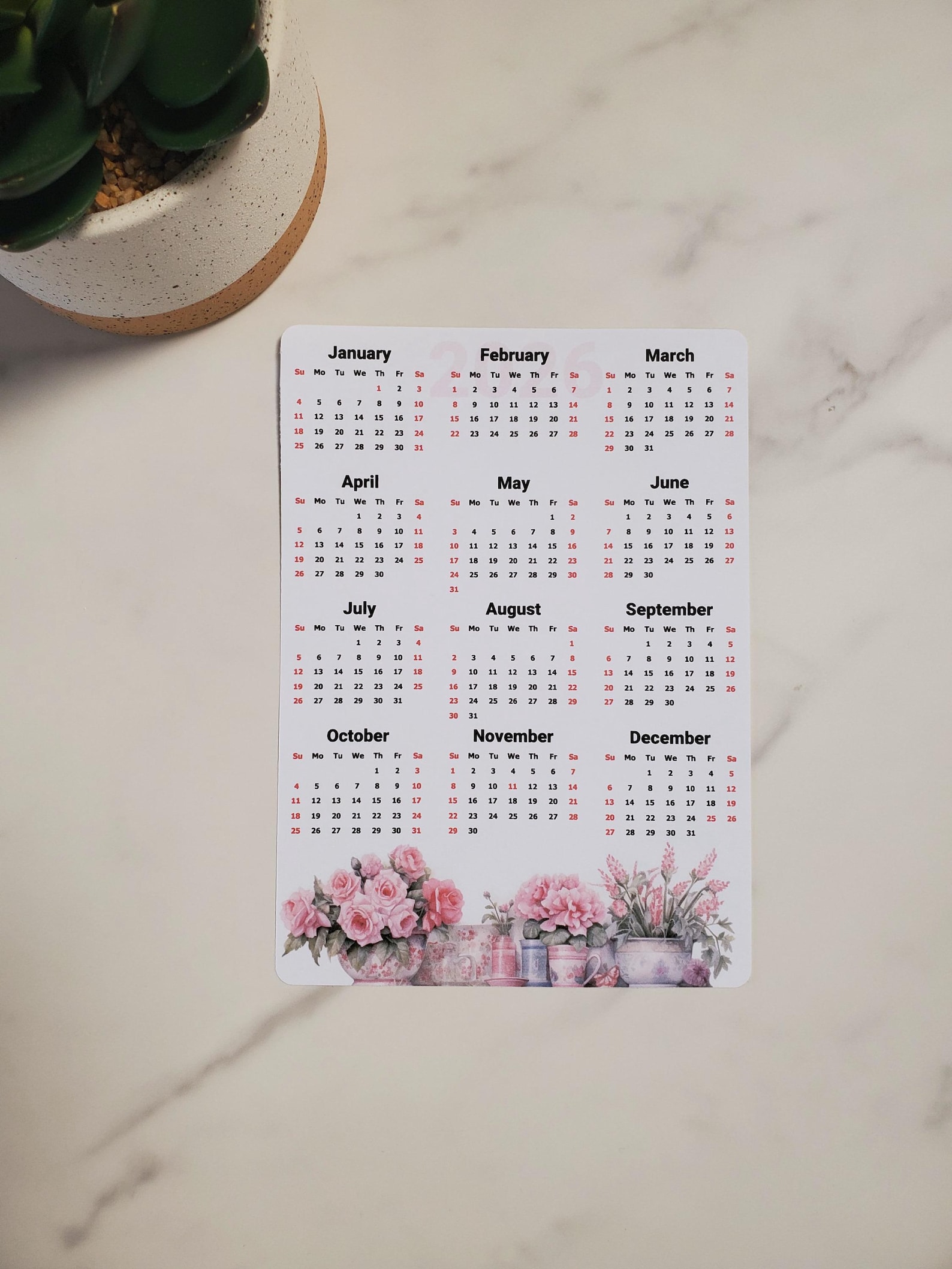 Year at A Glance Calendar Sticker With Watercolor Flowers Design ...