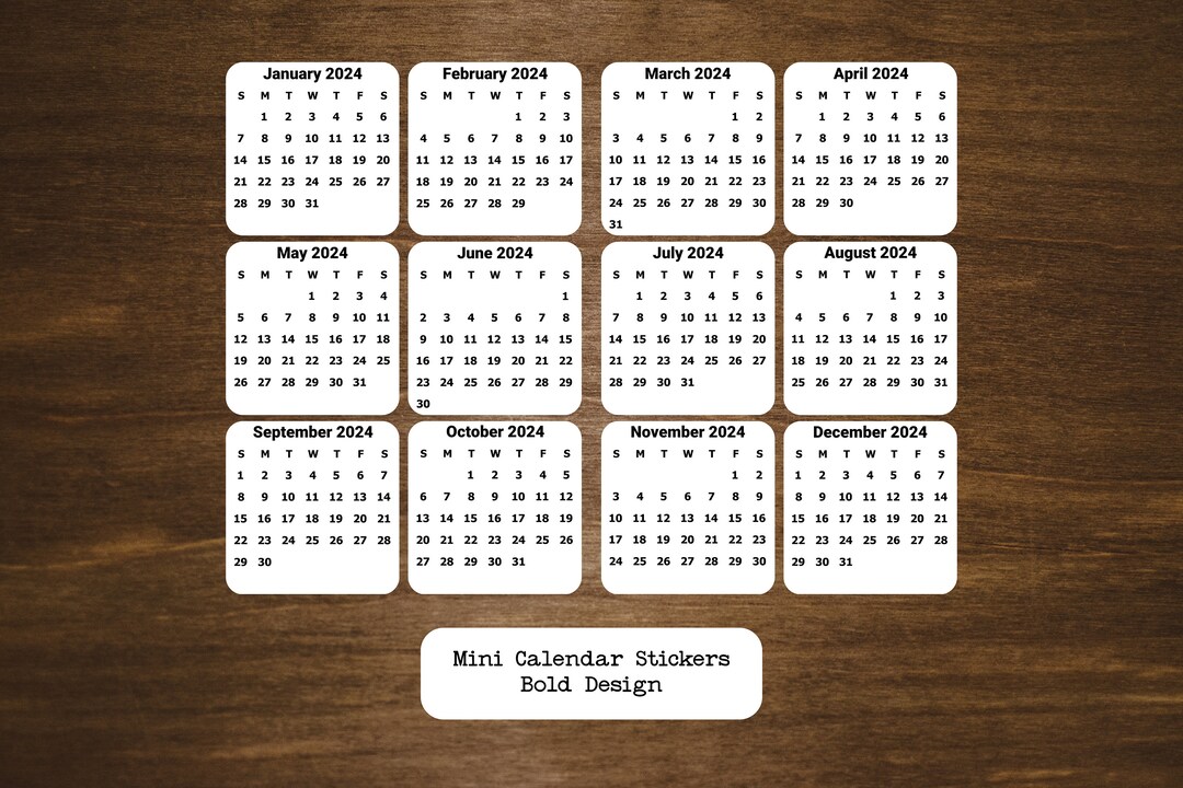 2024 Mini Calendar Stickers Bold Design Start With Any Month for ...