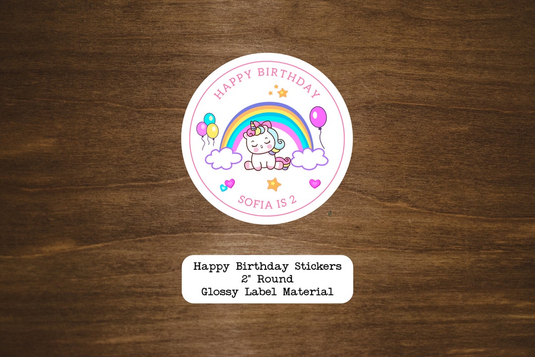 Happy Birthday Unicorn Rainbow Round Stickers With Custom Name and Age ...