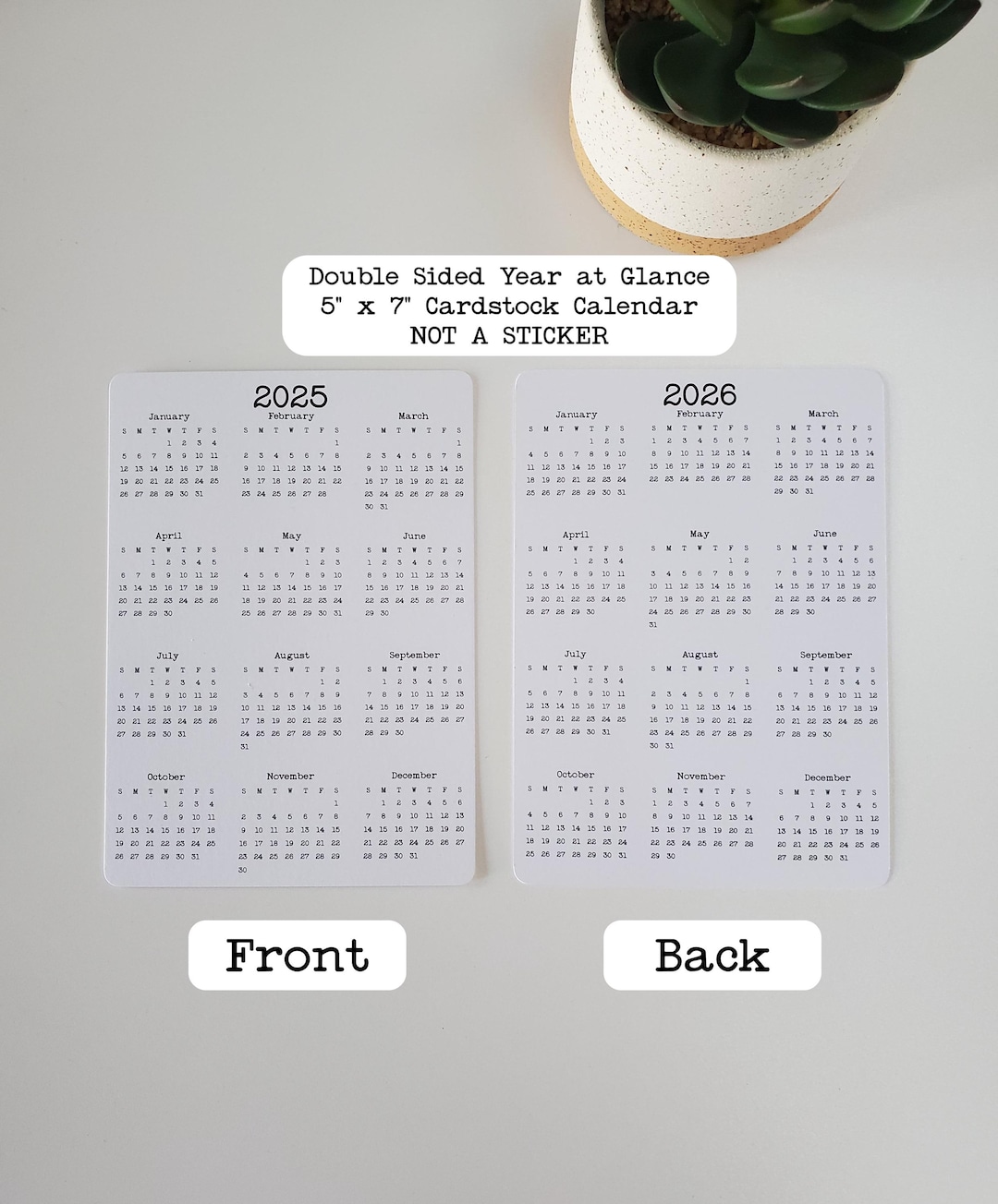 Double Sided Year at A Glance Cardstock Calendar With 2 Years 5" X 7 ...