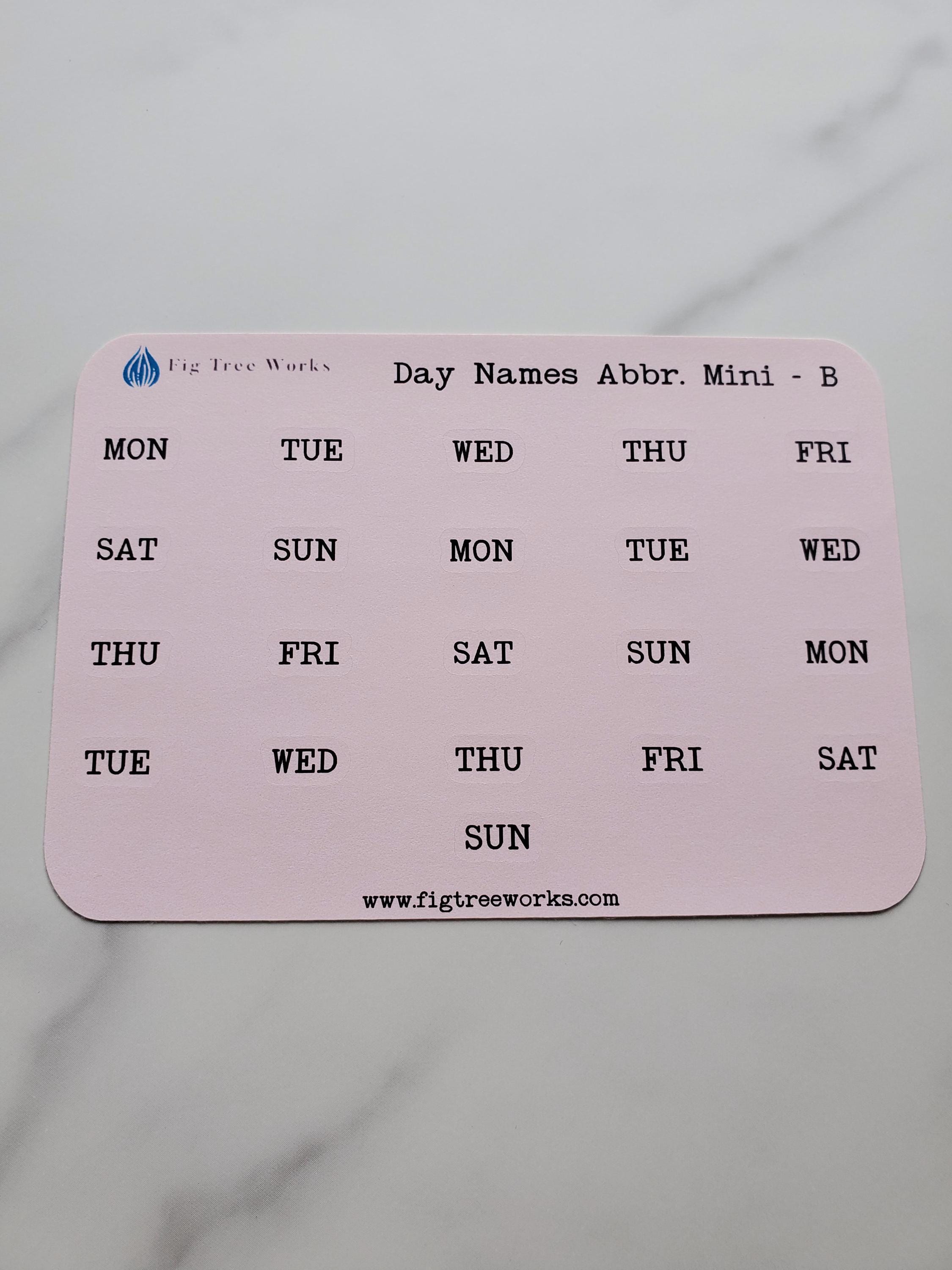 Day Names Abbreviated Mini Sticker Sheet | Weekday Name Sticker, Kiss ...