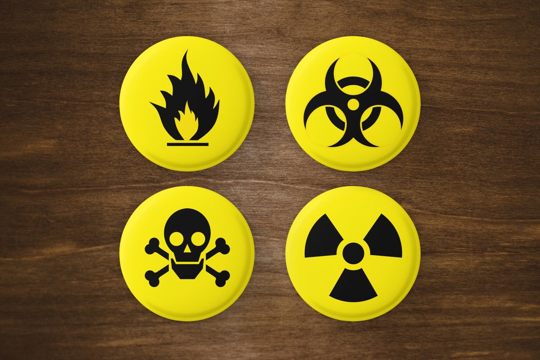 Biohazard, Toxic, Flammable, and Radioactive Pinback Button | Warning ...