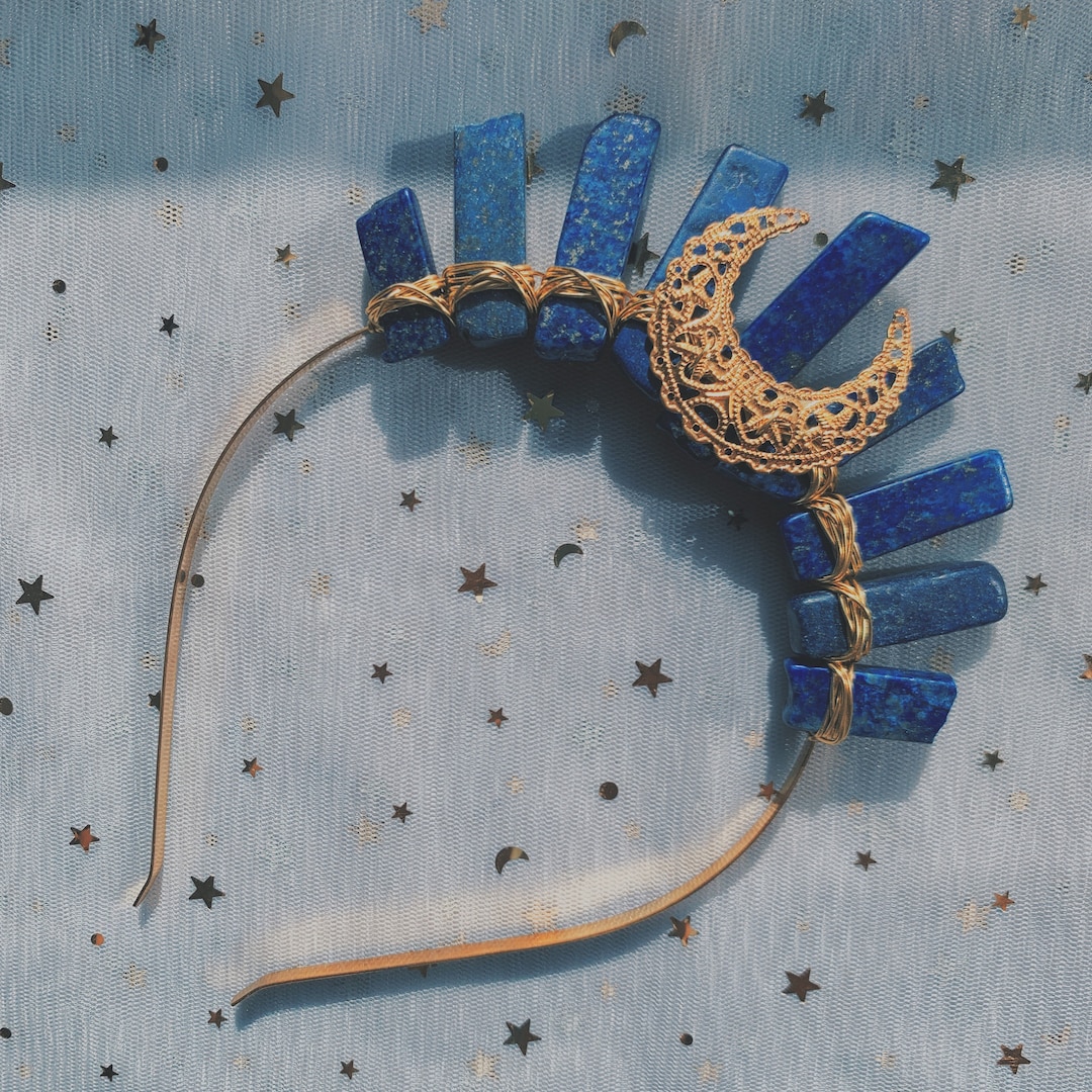 Lapis Lazuli Crystal Crown: Gold Moon Tiara, Bohemian Goddess Headpiece ...