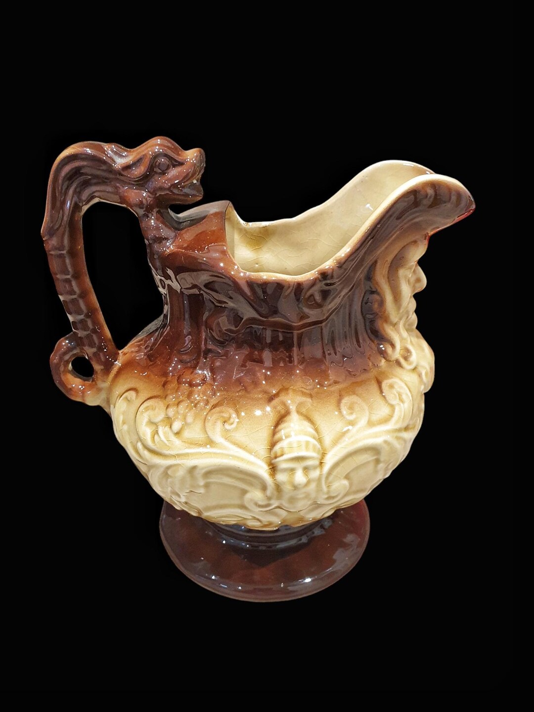 Vintage Neptune Jug With Fish Handle in Cream and Brown Glaze. Great ...