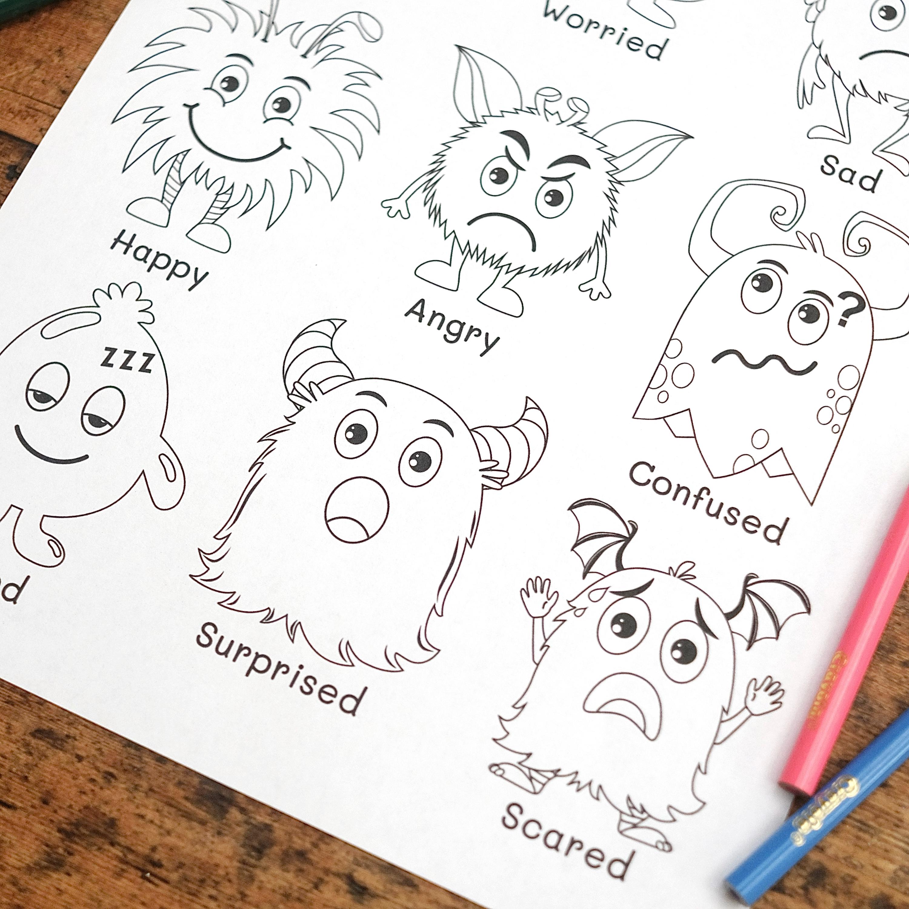 Emotions Colouring Sheet - 9 Monster Emotions - Printable Digital ...