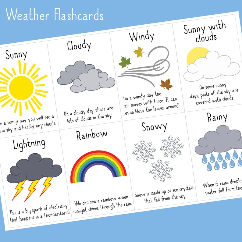 Weather Flashcards - Printable Instant Download - Educational Resource ...