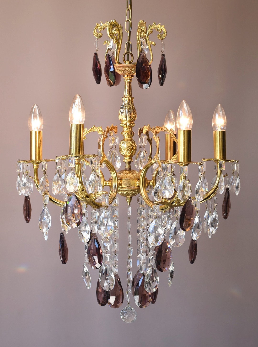 Antique French Style Brass Crystal Chandelier: Mauve & Clear Droplets ...