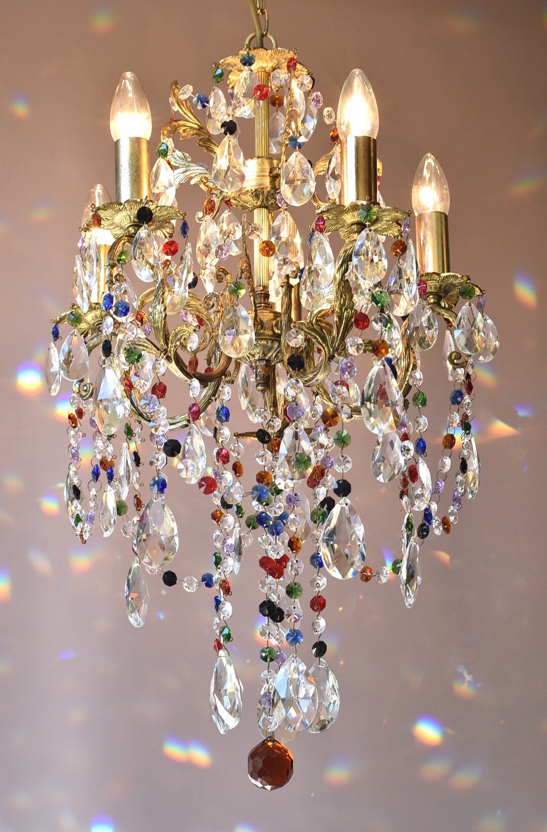 Antique Brass Crystal Chandelier, Multi Colour Vintage Light, French ...