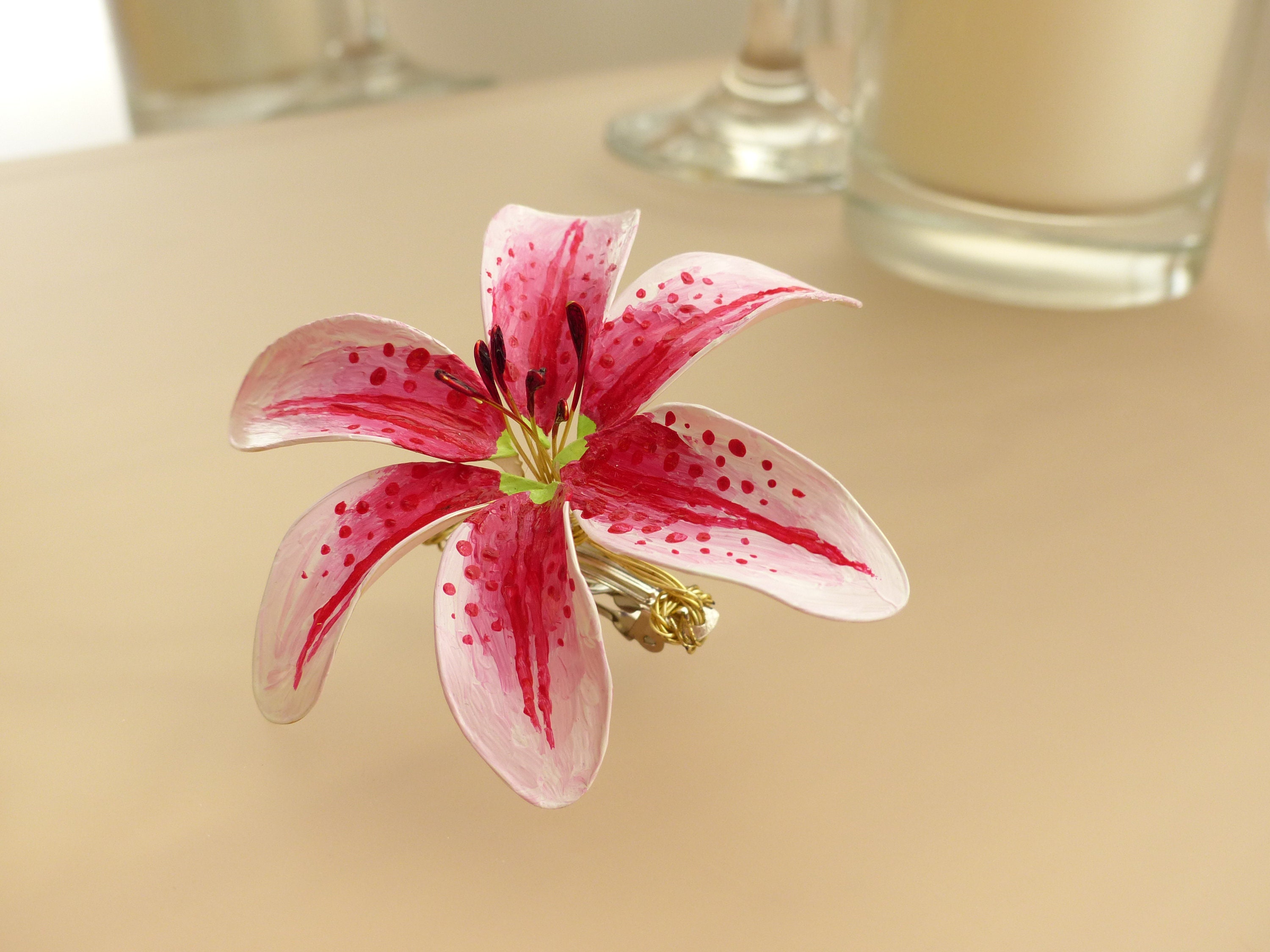 Pink Lily Hair Clip - Paili Hand-painted Lily Accessory in White & Pink ...