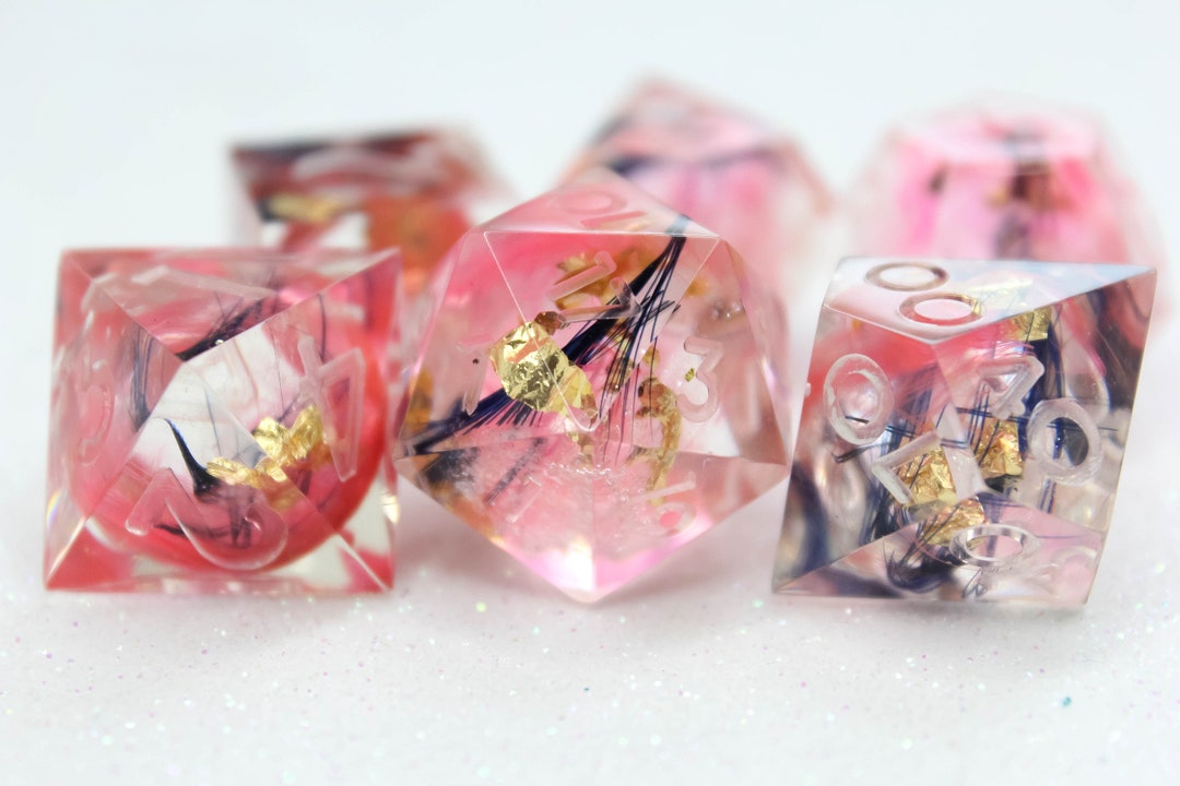 Sharp Edged Side Dnd Dice Set Pink Feathers Clear Resin Gold Leaf ...