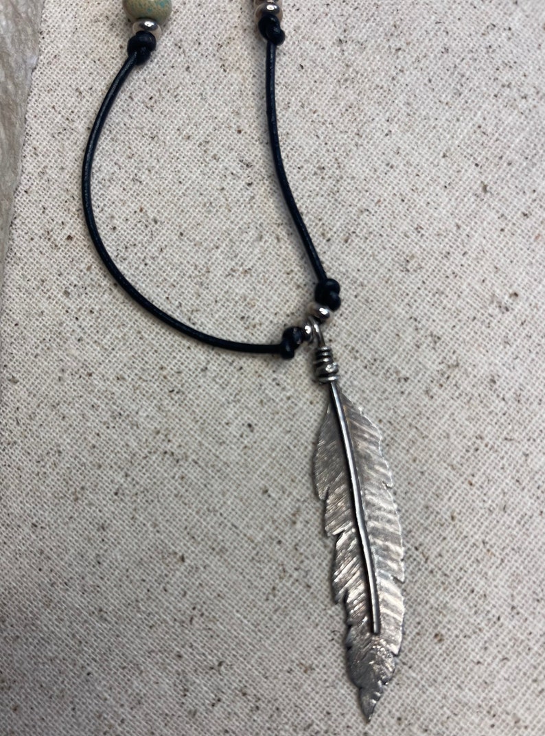 Handmade Sterling Silver Feather and Beads Leather Necklace - Etsy