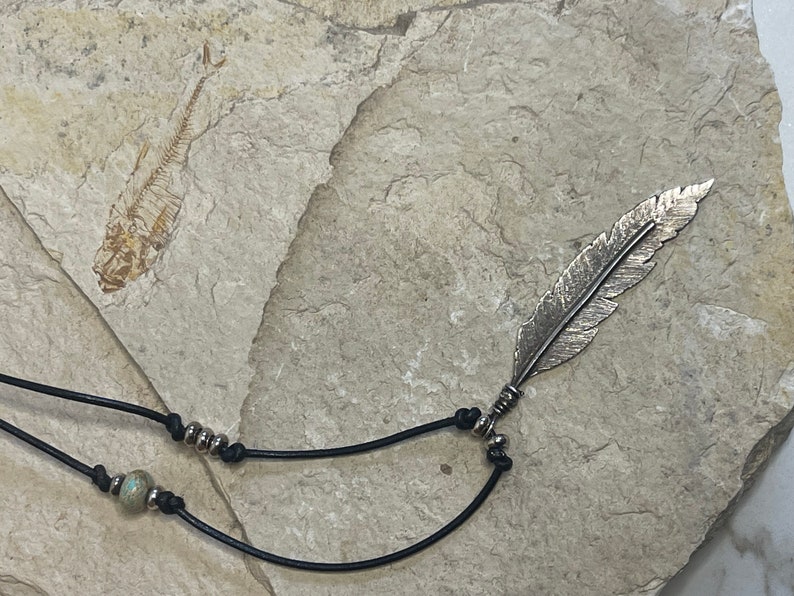 Handmade Sterling Silver Feather and Beads Leather Necklace - Etsy