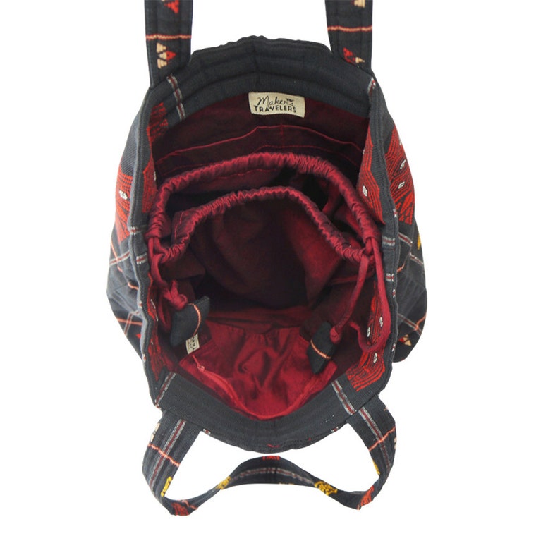 Black Large Handwoven Tote Bag, Lined With Many Pockets and Drawstring ...