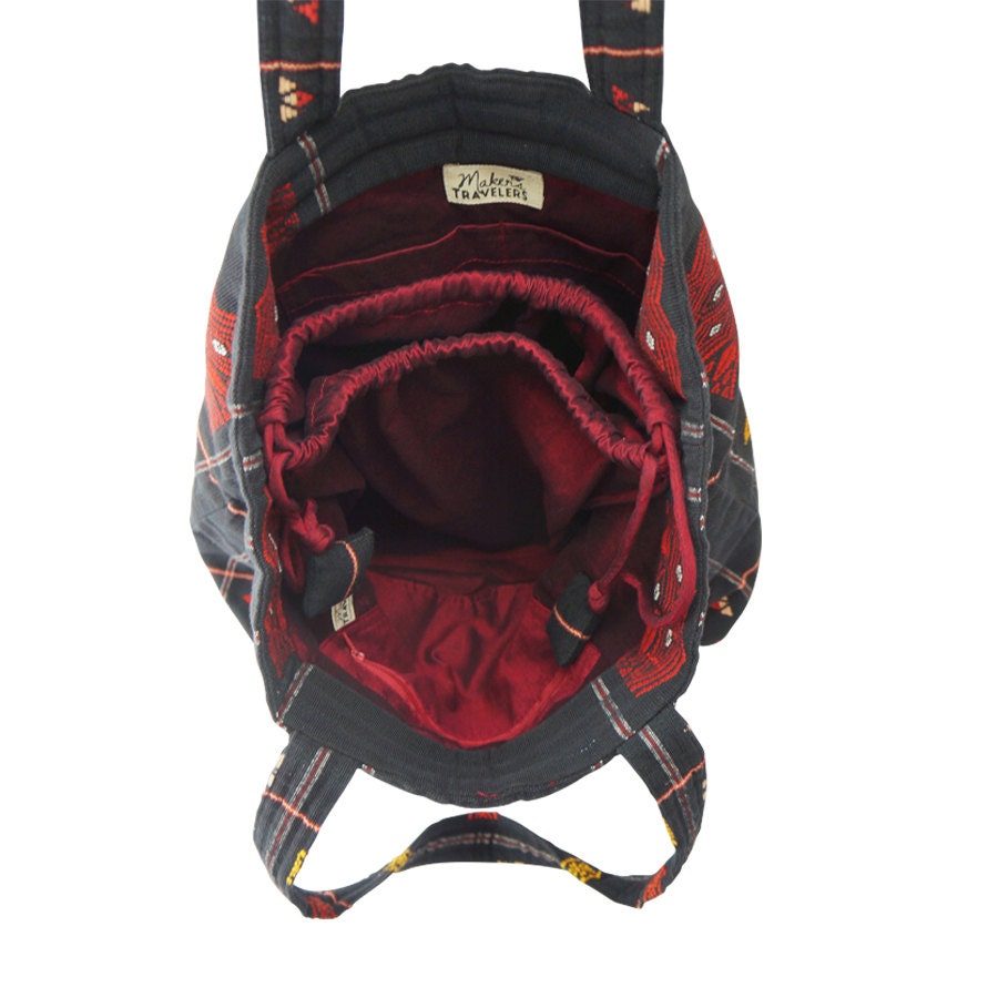 Black Large Handwoven Tote Bag, Lined With Many Pockets and Drawstring ...