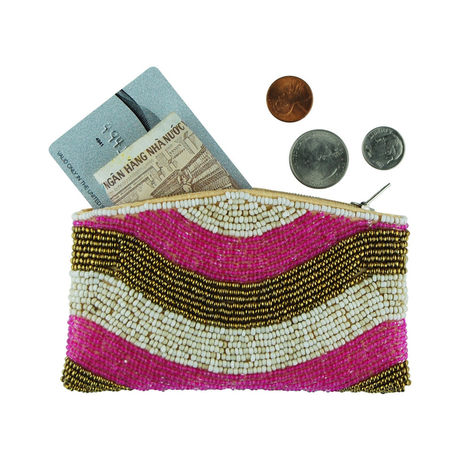 Hand Beaded Coin Purse. Pink, Bronze and Cream. Made in Bali. - Etsy