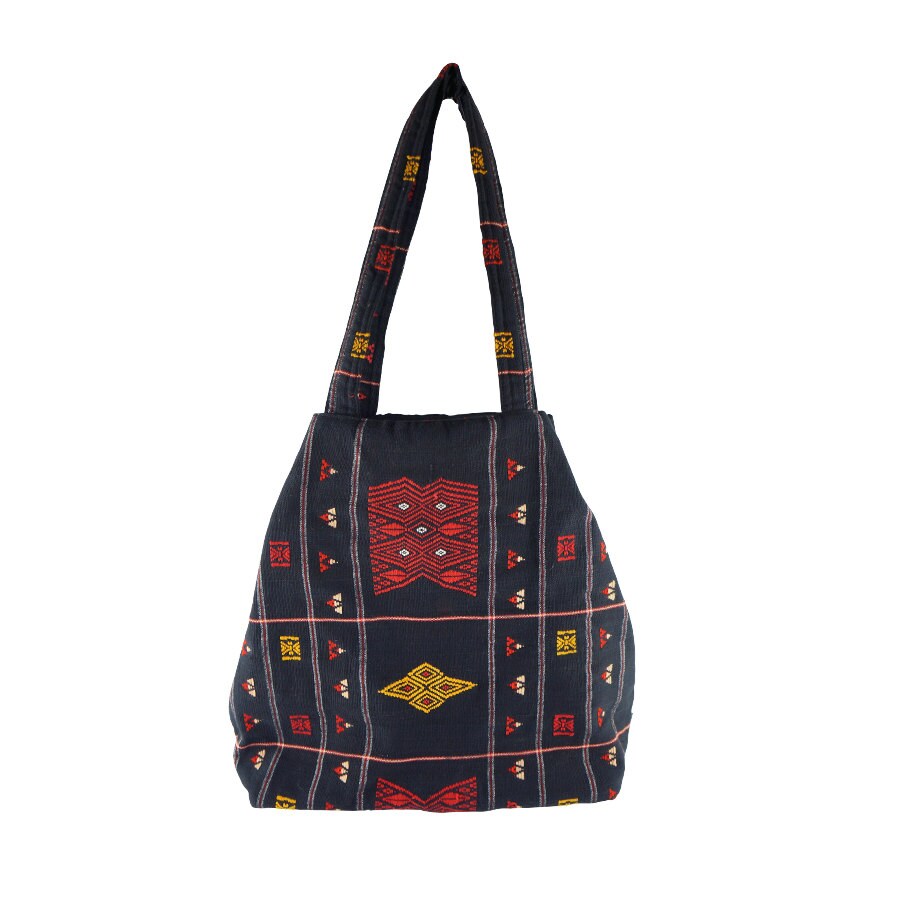 Black Large Handwoven Tote Bag, Lined With Many Pockets and Drawstring ...