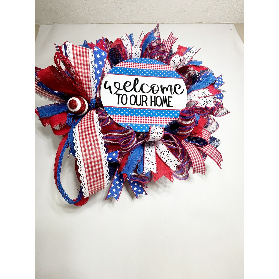 Patriotic Welcome Wreath for Front Door, Everyday Patriotic Decor for ...