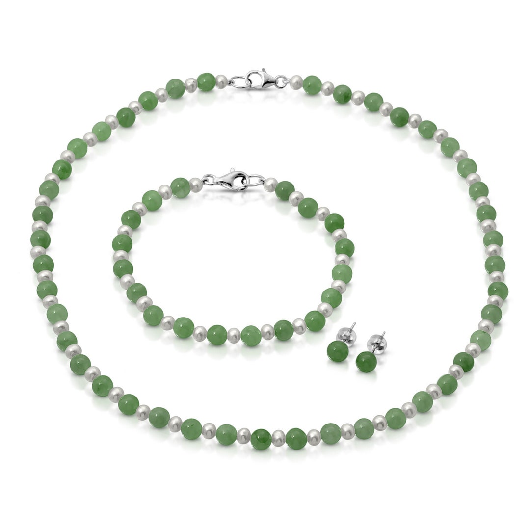 Natural Jade Jewelry Set: Sterling Silver Necklace, Bracelet & Earrings ...
